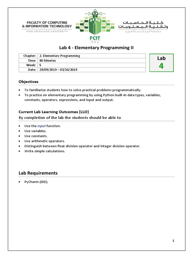 Lab 4 - Elementary Programming II: Objectives | PDF | Body Mass Index ...