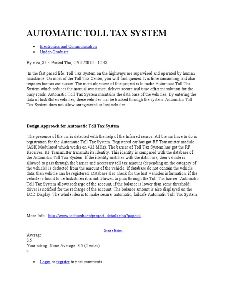 Automatic Toll Tax System: Electronics and Communication Under-Graduate ...