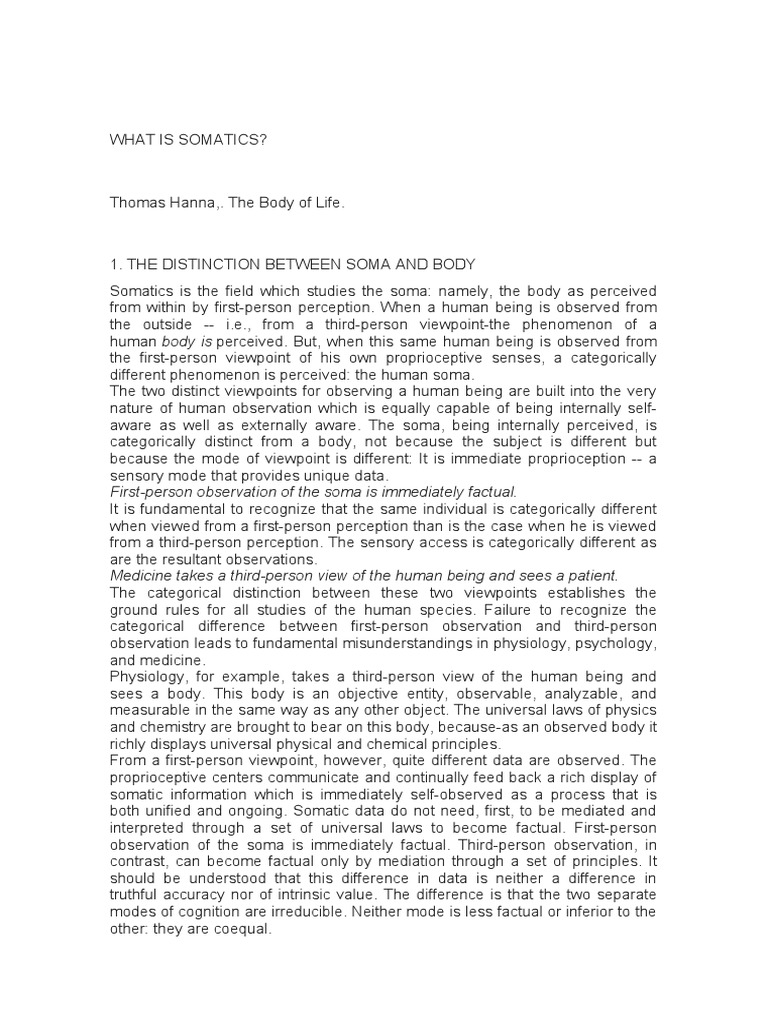 Thomas Hanna. What Is Somatics | PDF | Perception | Consciousness