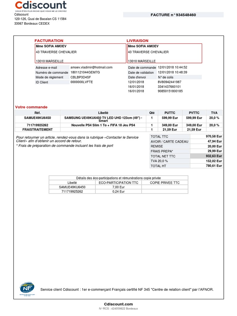 Facture 1 | PDF | Taxe sur la valeur ajoutée | Commerce