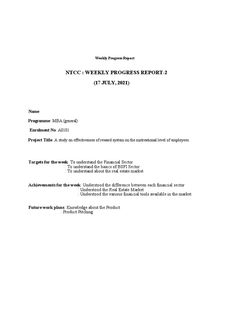 NTCC: Weekly Progress Report-2 (17 JULY, 2021) : Name: Programme: MBA (General) | PDF