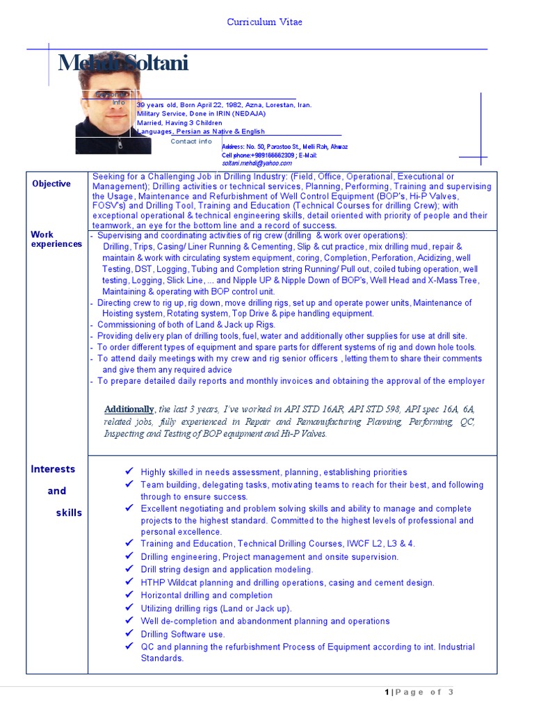 Mehdi Soltani: Curriculum Vitae | PDF | Oil Well | Drilling Rig
