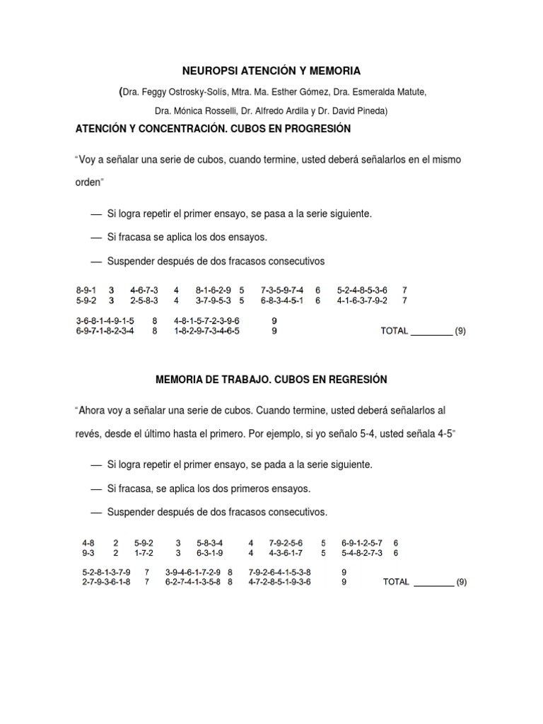 Cubos de Corsi (NEUROPSI Atención y Memoria) | PDF