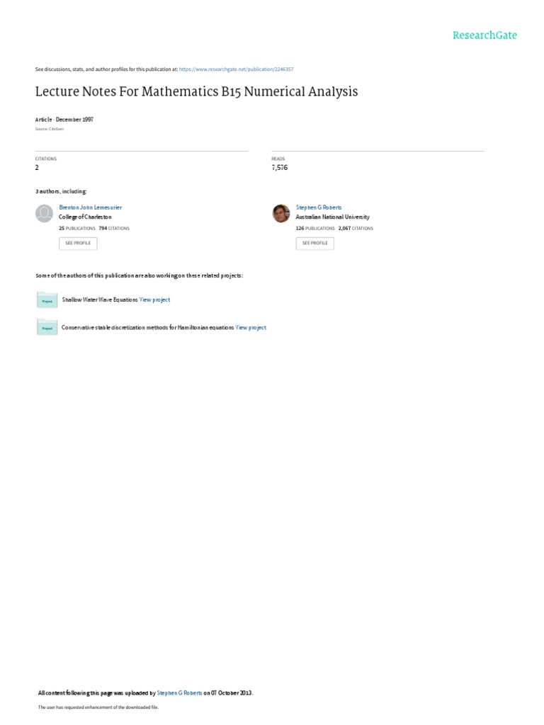 Lecture Notes For Mathematics B15 Numerical Analysis December 1997