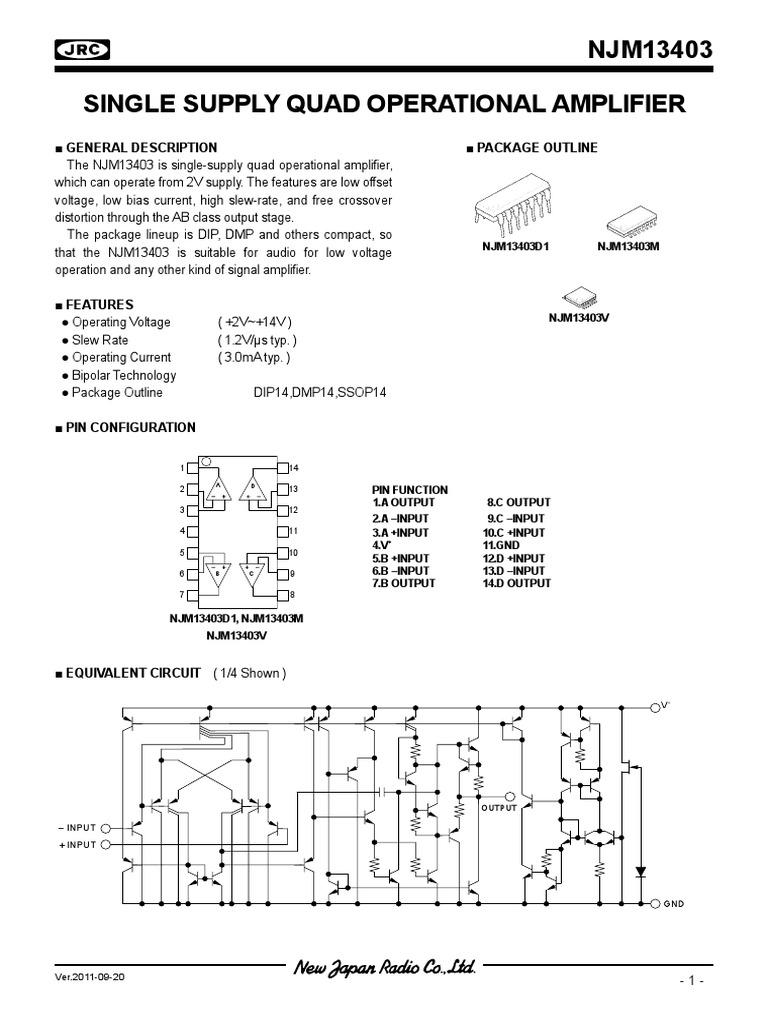 NJM13403 Single Supply Quad Operational Amplifier: General Description Package Outline | PDF ...