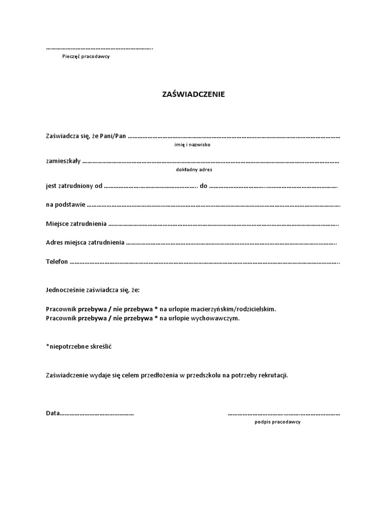 Zaswiadczenie o Zatrudnieniu - Wzor | PDF