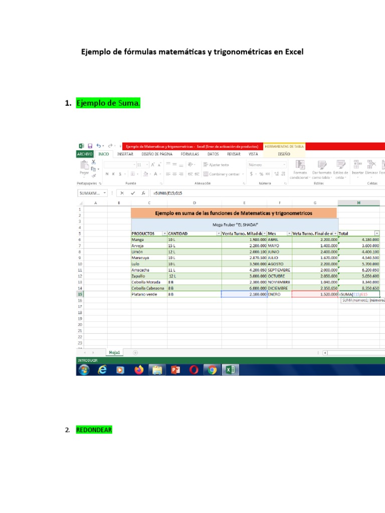 Ejemplo de Fórmulas Matemáticas y Trigonométricas en Excel | PDF