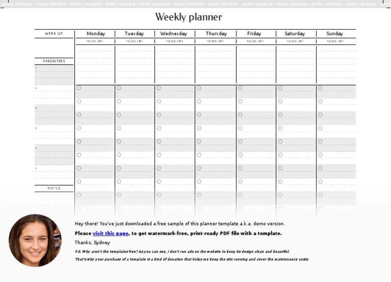 Horizontal Weekly Task Planner Template | PDF