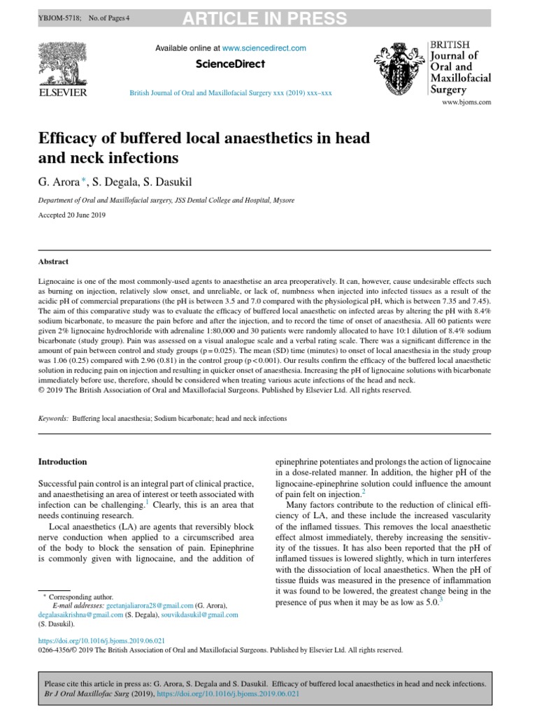 Efficacy of Buffered Local Anaesthetics in Head and Neck Infections ...