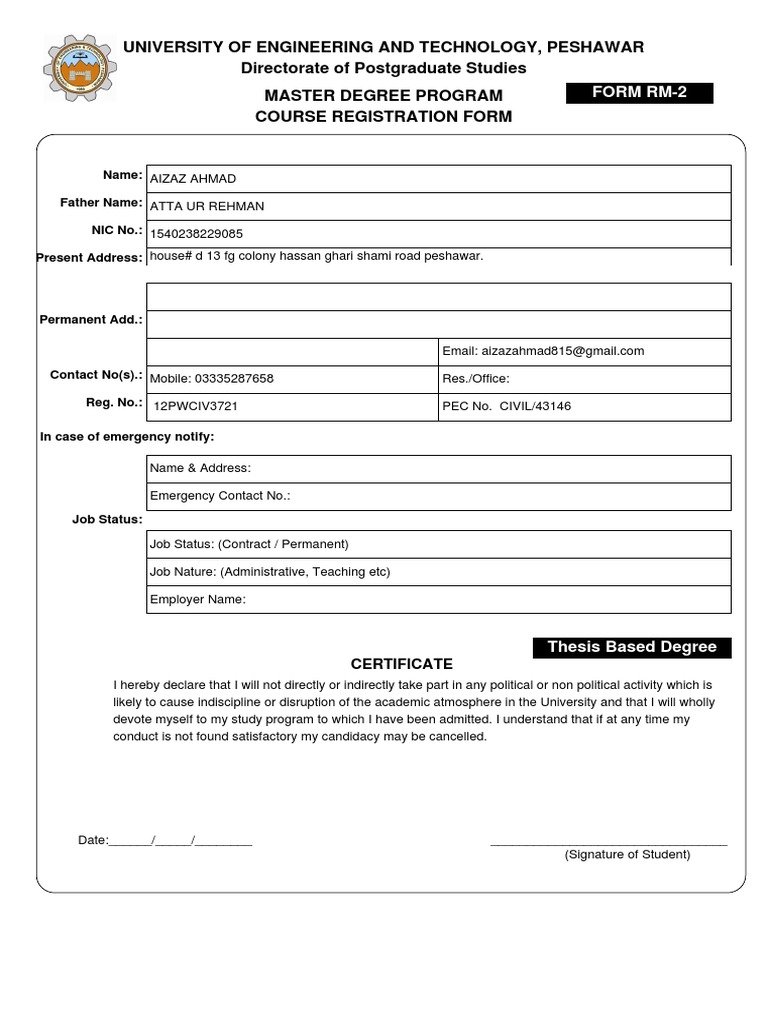 University of Engineering and Technology, Peshawar Directorate of Postgraduate Studies Master ...