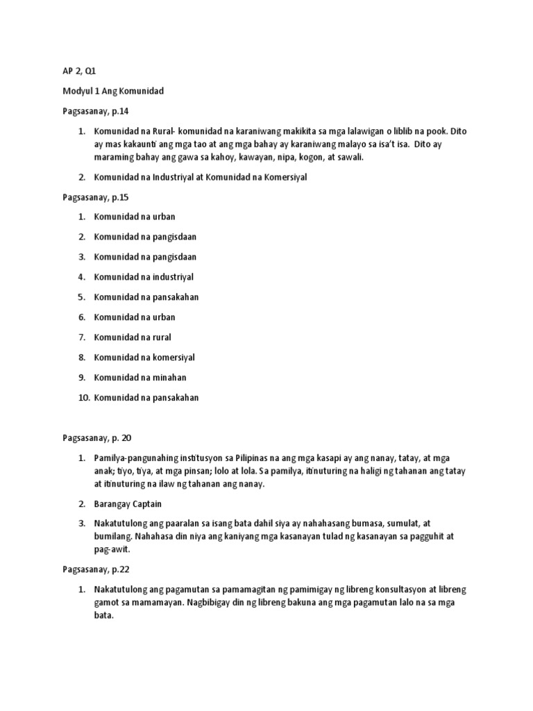 AP2 - Q1 - M1 - Answer Keys - Ang Komunidad | PDF