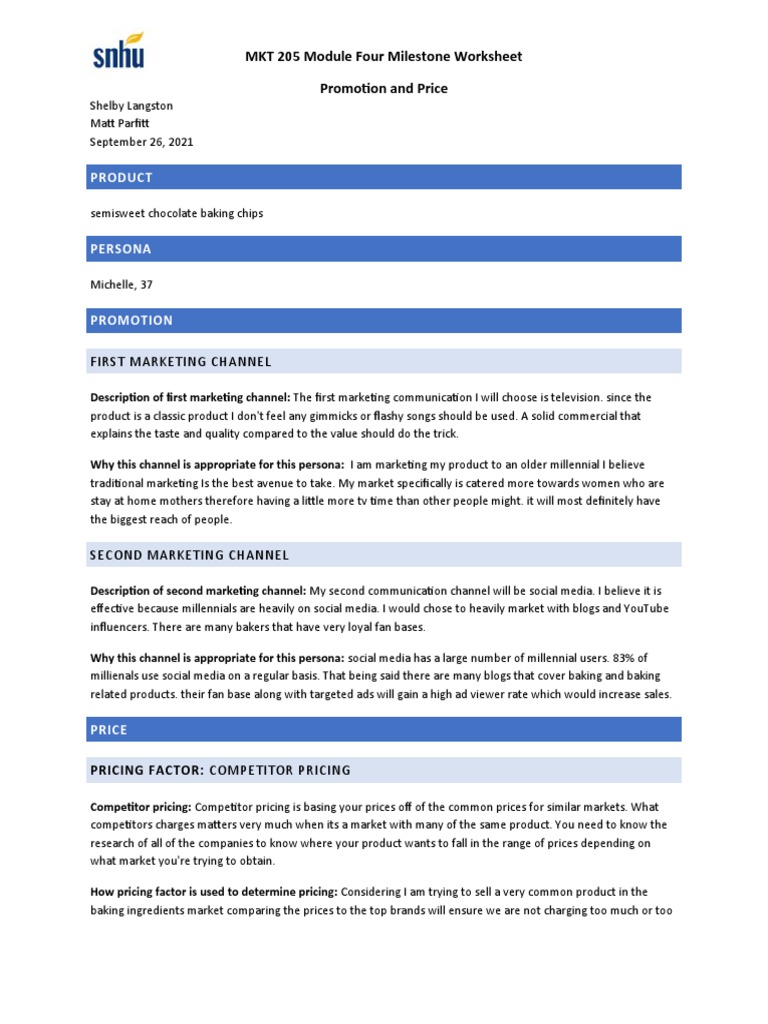 MKT 205 Module Four Milestone Worksheet Promotion and Price: Product | PDF | Pricing | Brand