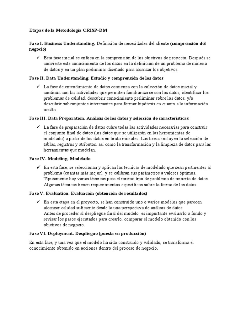 Fases de la Metodología CRISP-DM | PDF | Ensayo clínico | Procesamiento ...