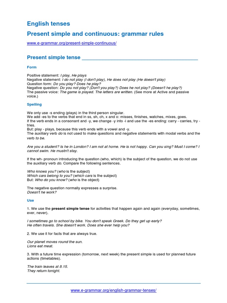 English Tenses Present Simple and Continuous: Grammar Rules | Download ...