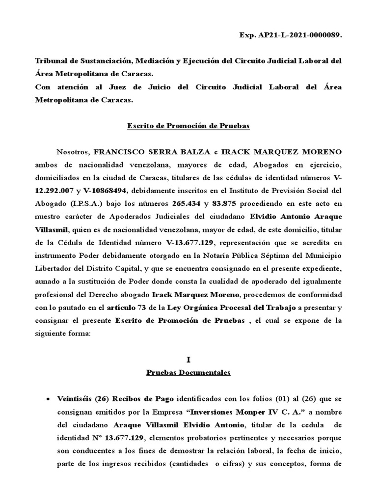 Promoción de pruebas documentales, exhibición de documentos y experticia contable en demanda ...