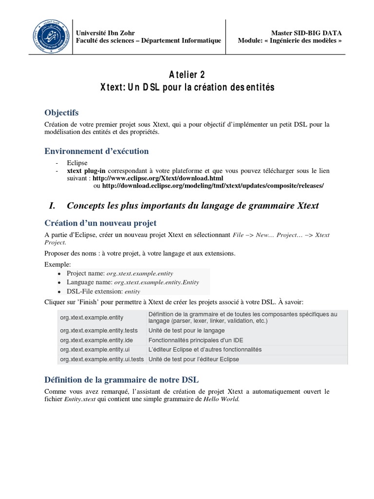 Atelier 2 DSL-Xtext PR Entité | PDF | Eclipse (Logiciel) | Java (Langage de programmation)
