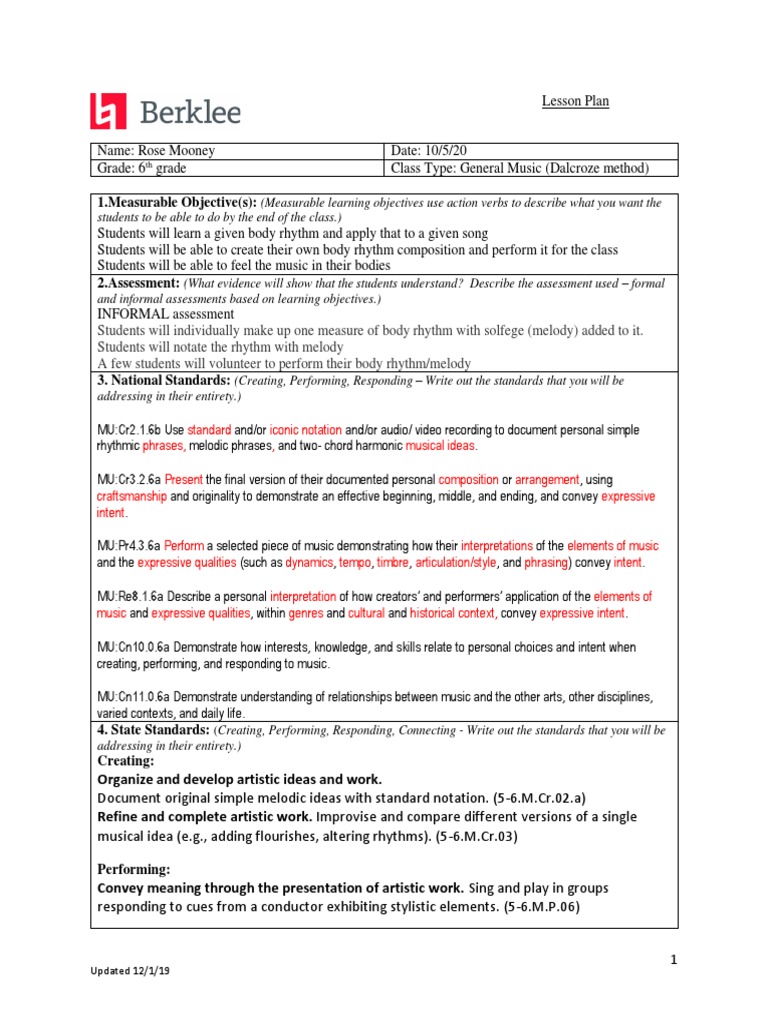 Dalcroze Method Lesson Plan | PDF | Rhythm | Performing Arts
