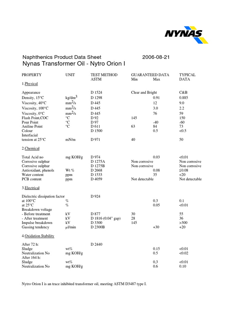 Nynas Transformer Oil - Nytro Orion I: Naphthenics Product Data Sheet ...