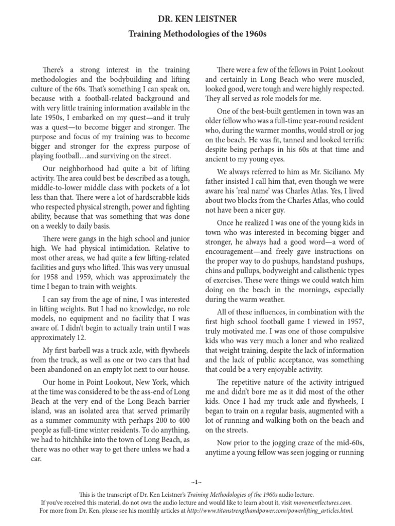 Ken Leistner Training Methodologies of The 1960s | PDF | Foods ...