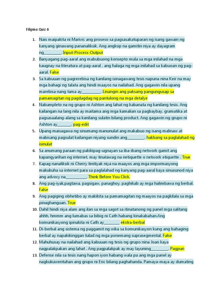 Filipino Quiz 6 | PDF