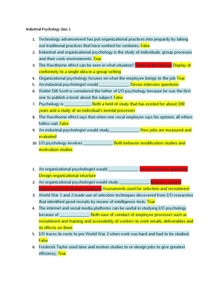 Industrial Psychology Quiz Overview | PDF | Industrial And ...