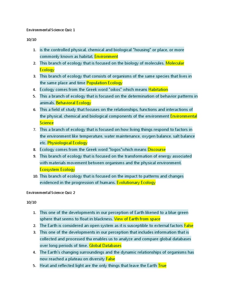 Environmental Science Quiz Compilation | PDF | Ecology | Natural ...