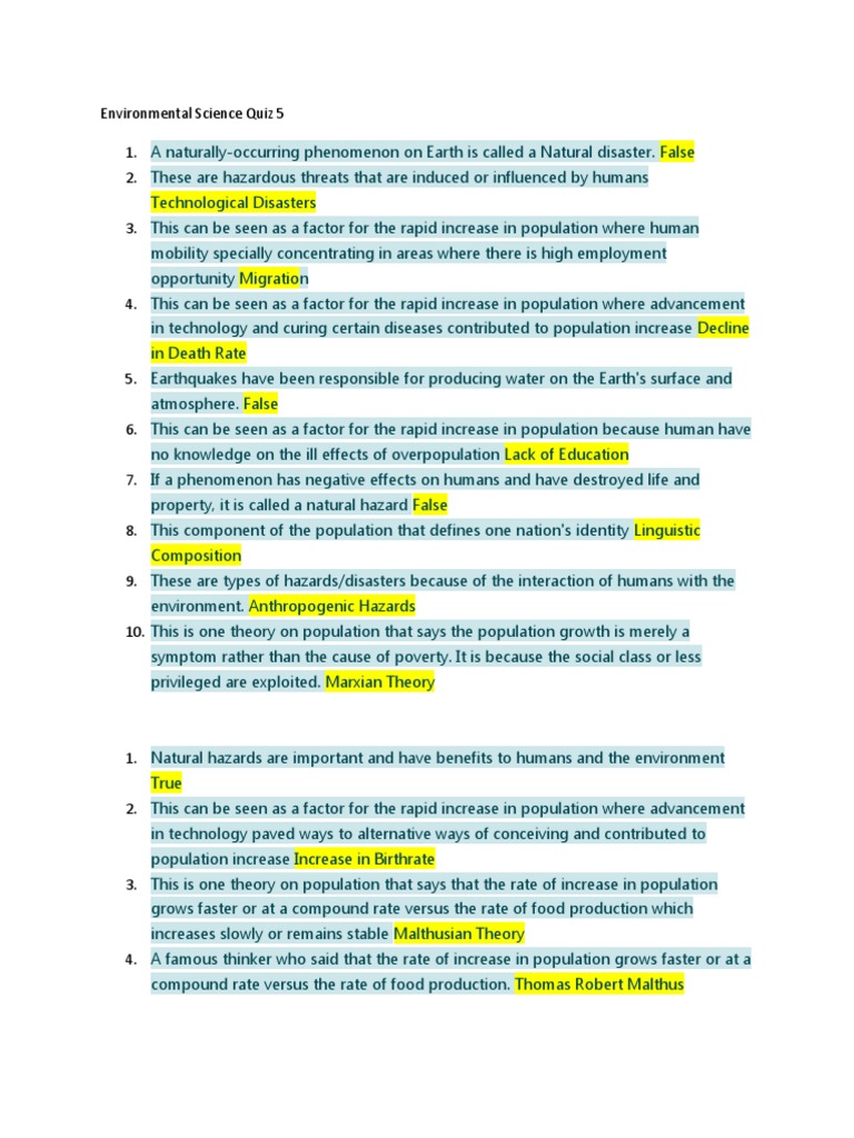 Environmental Science Quiz Guide | PDF | Hazards | Natural Hazards