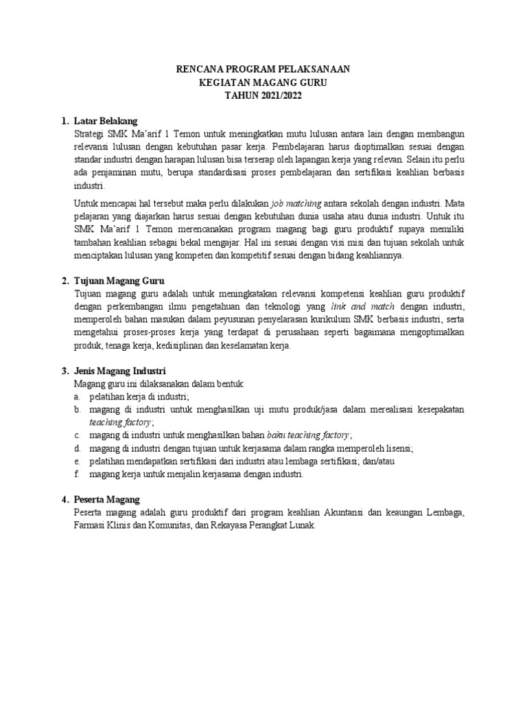 Rencana Program Magang Guru | PDF