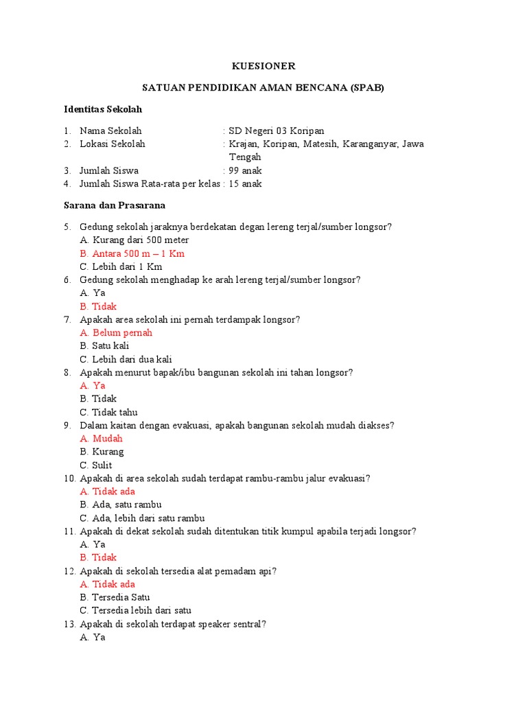 Kuesioner Spab SD 03 Koripan | PDF