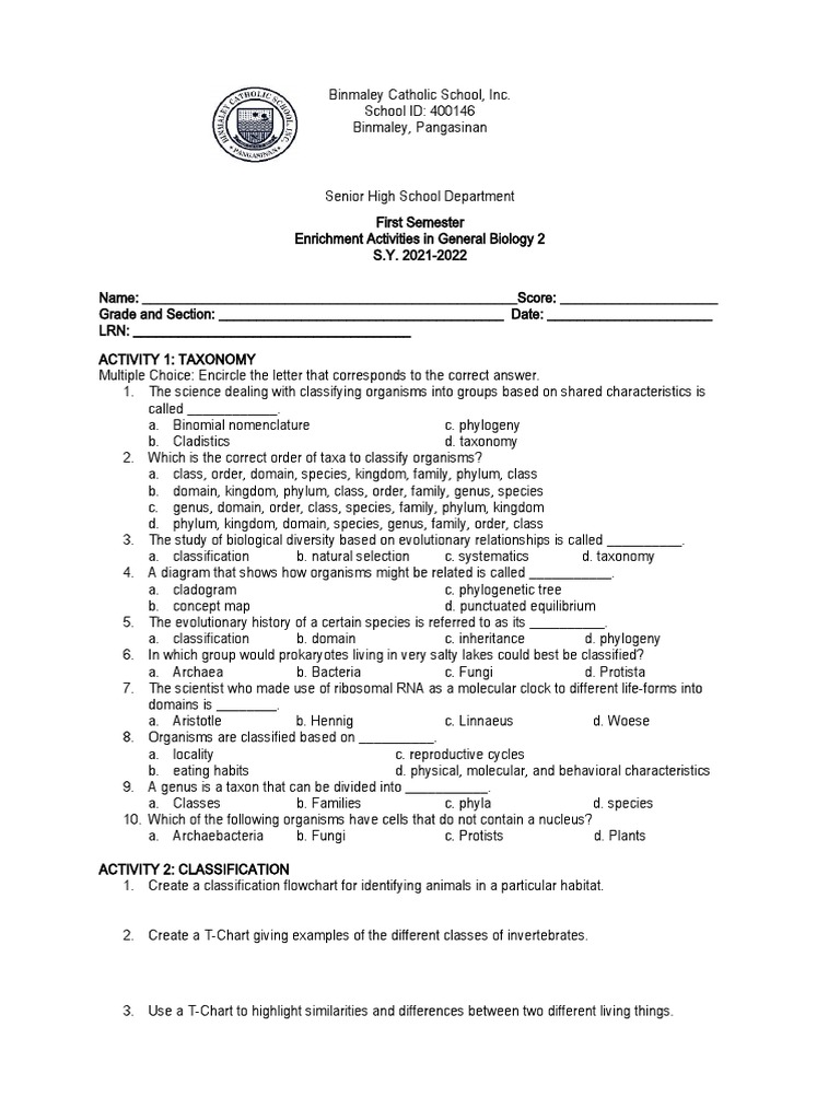 Gen. Bio 2 Enrichment Activities | PDF | Taxonomy (Biology) | Species