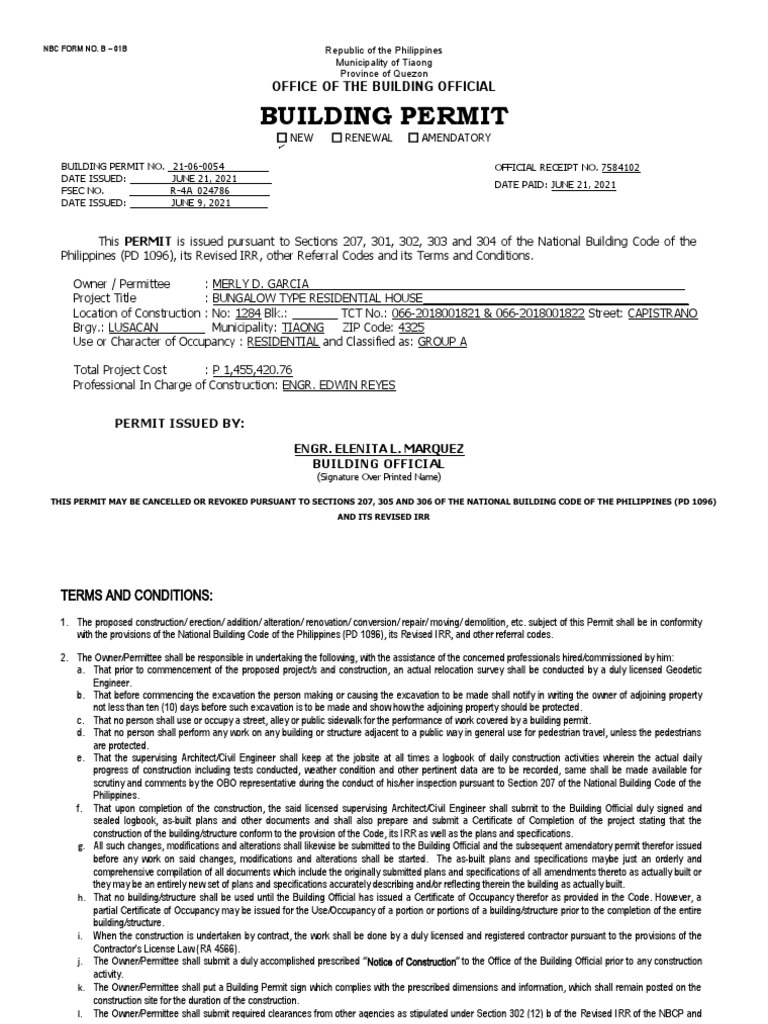 Tiaong Building Permit for House | PDF | Justice | Crime & Violence