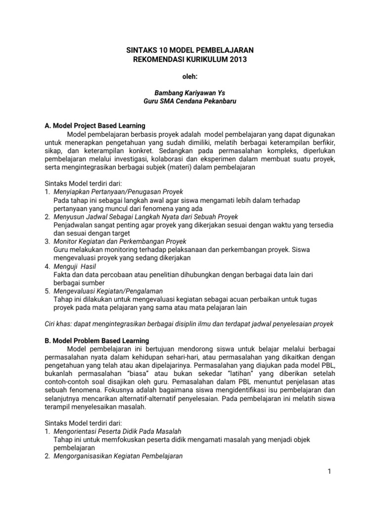 Sintak 10 Model Pembelajaran | PDF