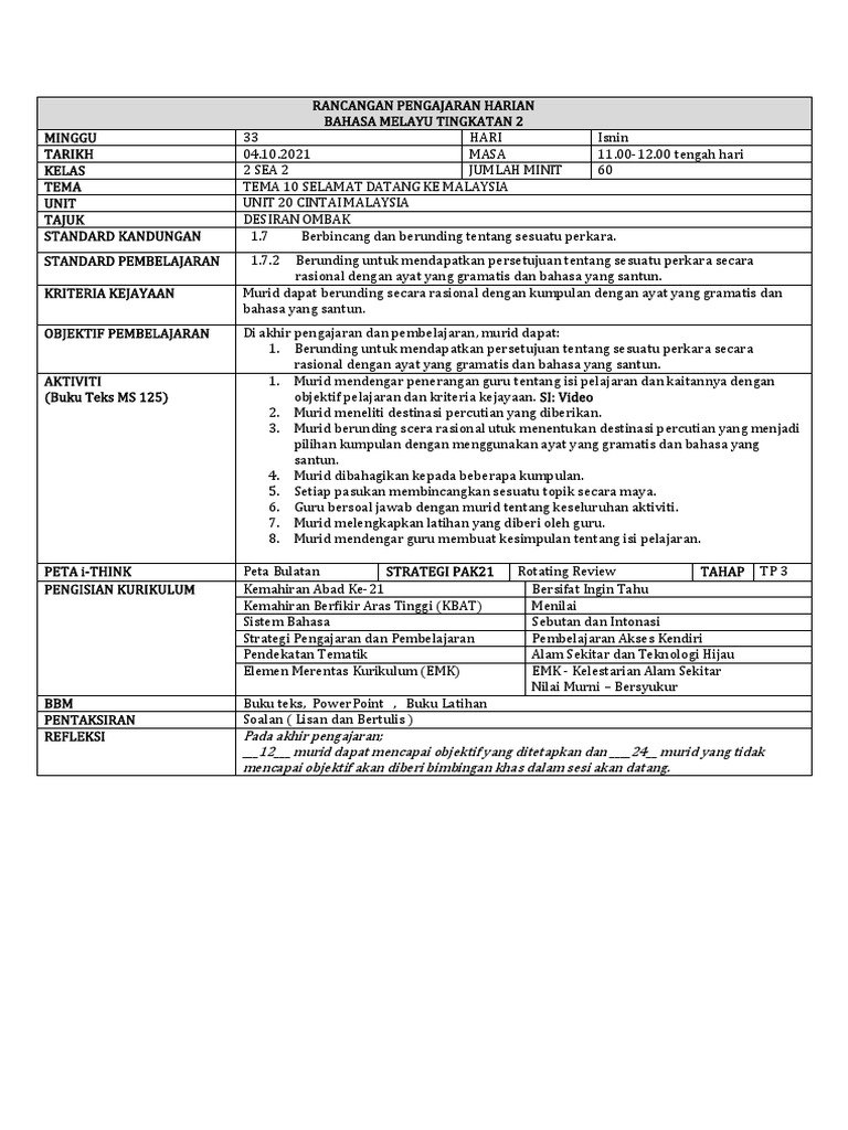 Rancangan Pengajaran Harian BM M33 | PDF