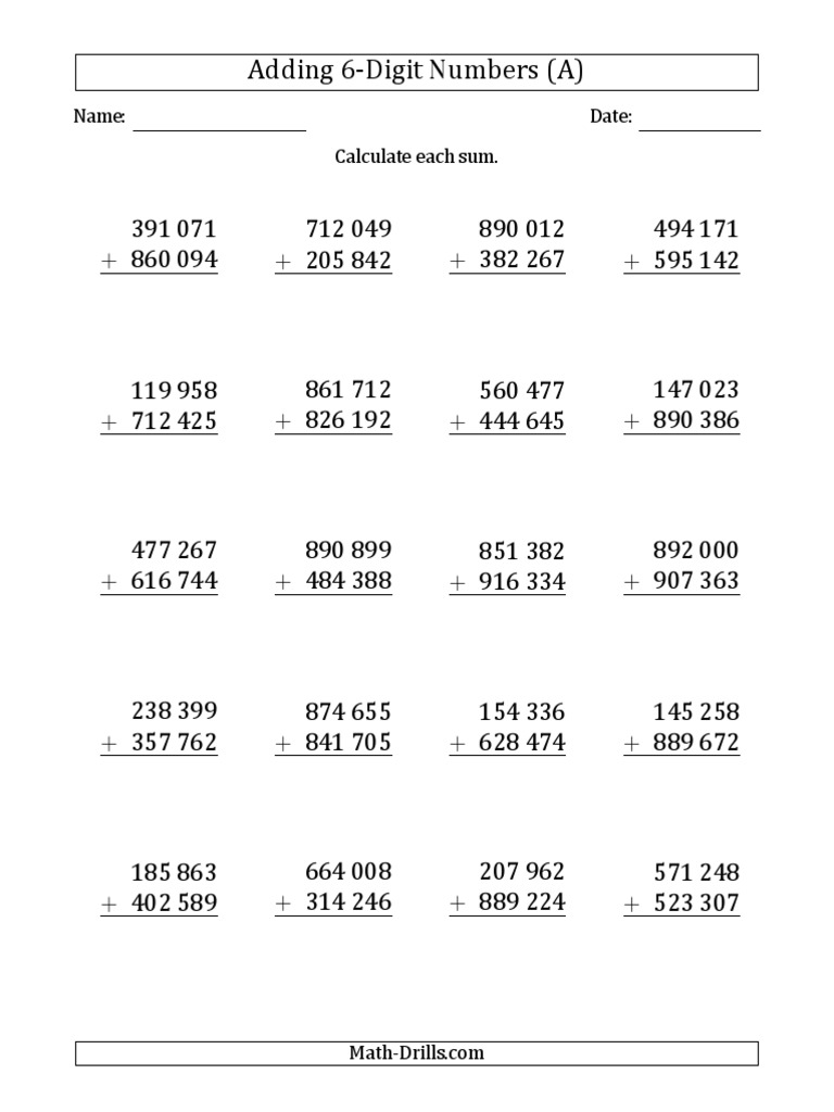 Addition Worksheet - 6-Digit Plus 6-Digit Addition With SOME Regrouping ...