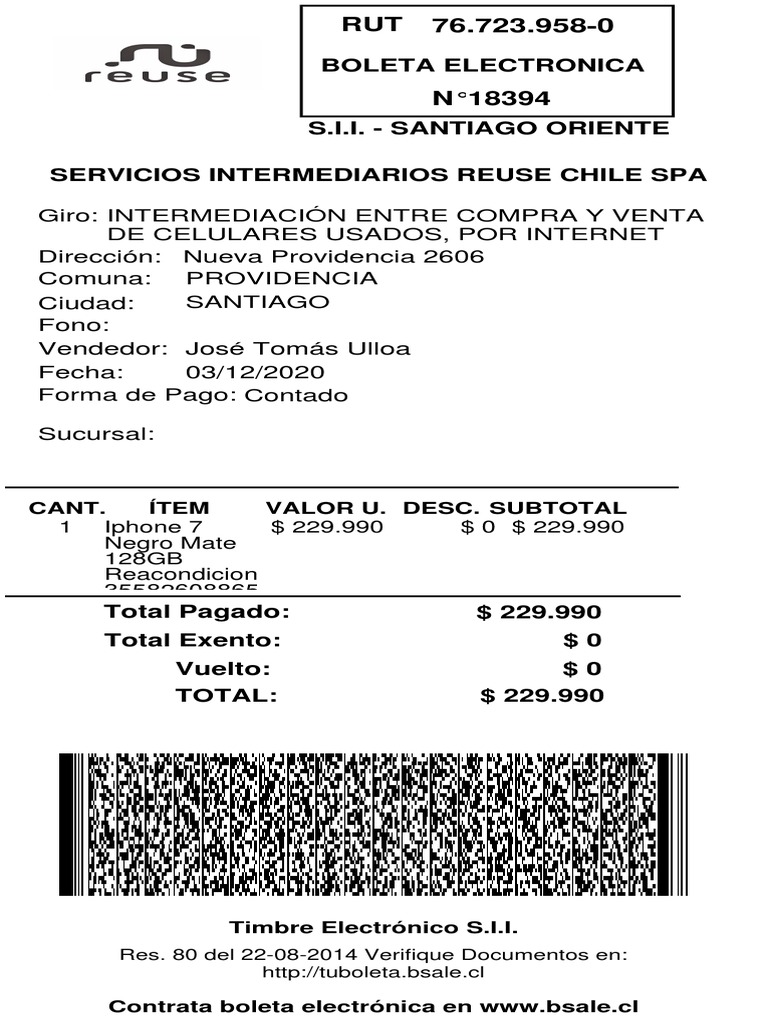 Boleta de compra Iphone reacondicionado | PDF