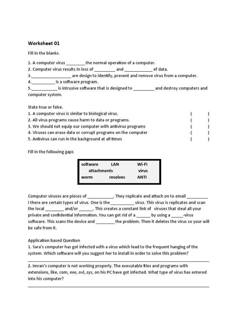 Worksheet 01: Software LAN Wi-Fi Attachments Virus Worm Resolves Anti ...