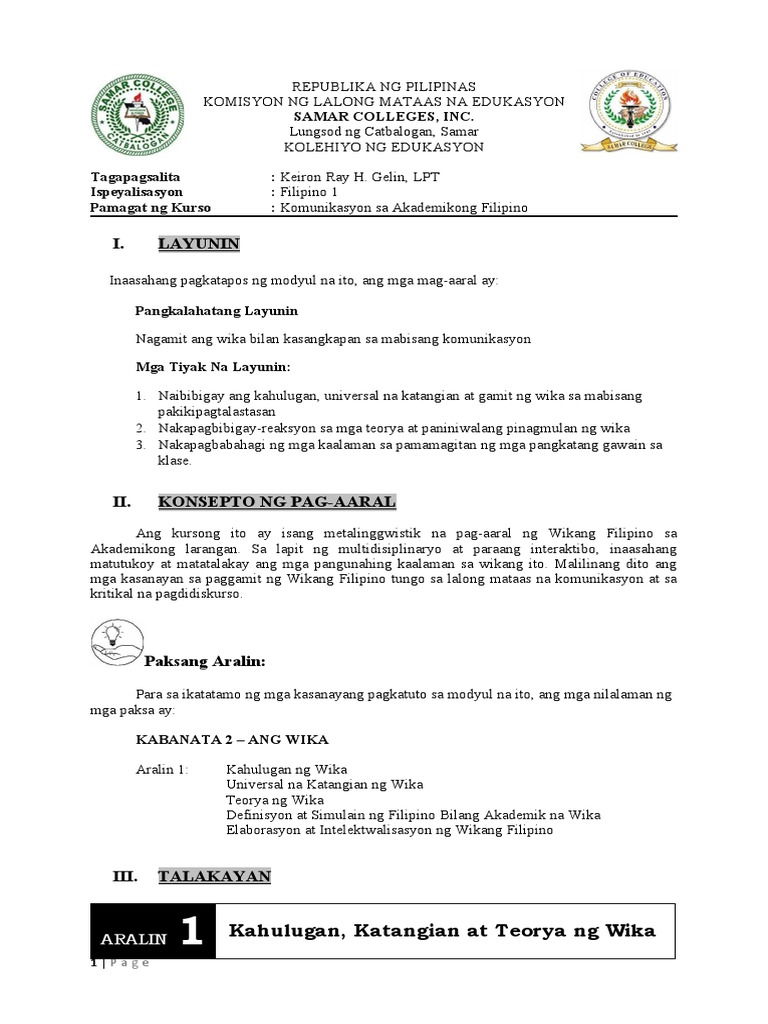 Module 2 (MIDTERM) - FILIPINO 1 | PDF