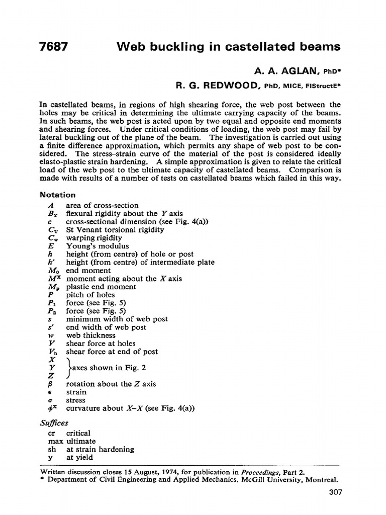 Web Buckling in Castellated Beams: A. A. Aglan, R. G. Redwood ...