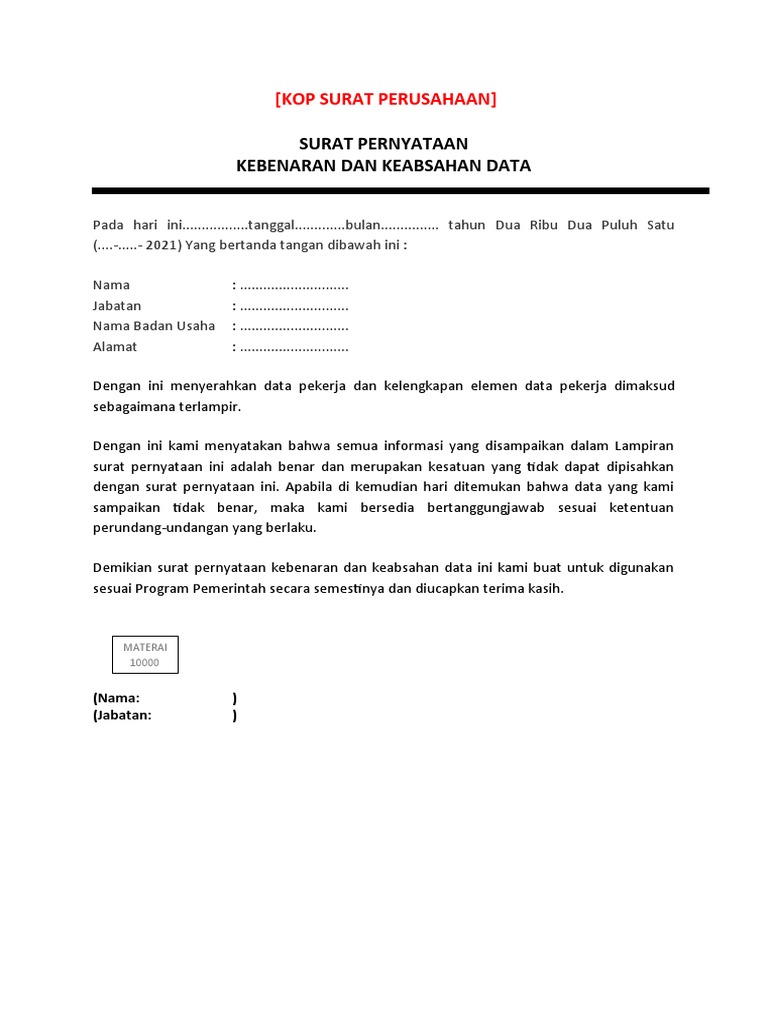 Surat Pernyataan Keabsahan Data | PDF