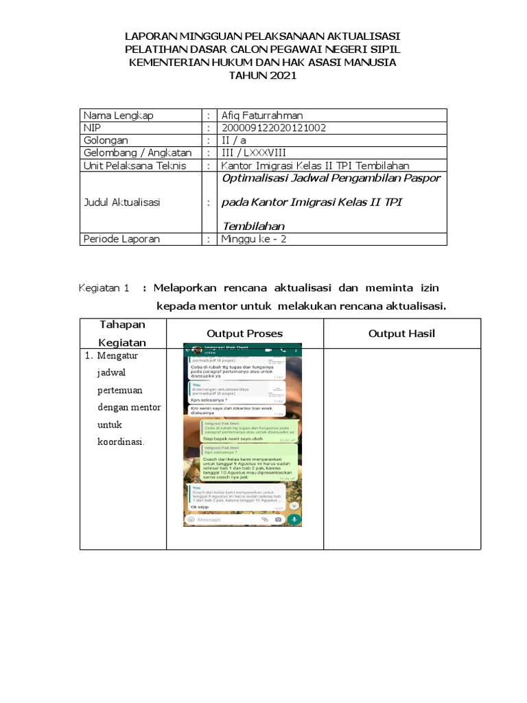 Laporan Mingguan Pelaksanaan Aktualisasi | PDF | Bisnis | Pengelolaan Keuangan & Uang