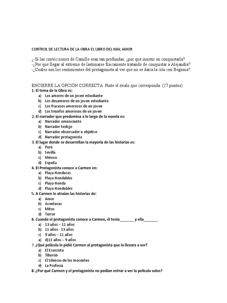 Control de Lectura de La Obra El Libro Del Mal Amor | PDF | Ficción general