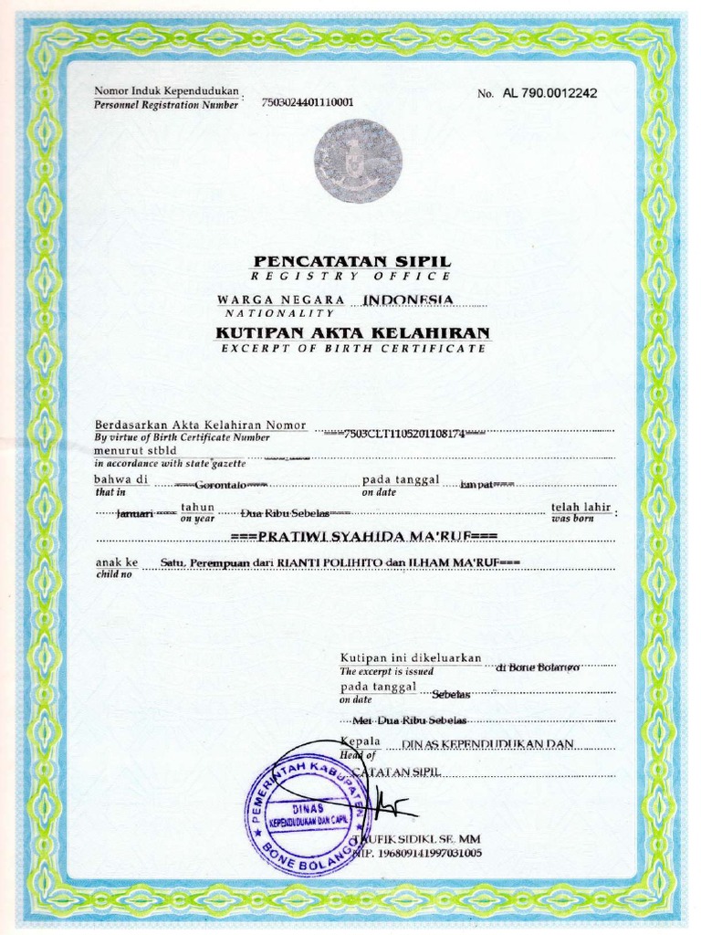 Akta Kelahiran Anak 1 197512182007011014 | PDF