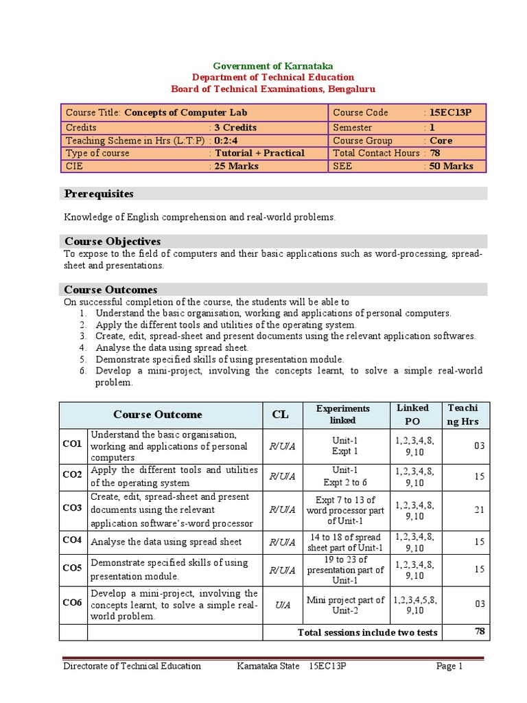 Computer Lab Course Overview Karnataka | PDF | Worksheet | Personal ...