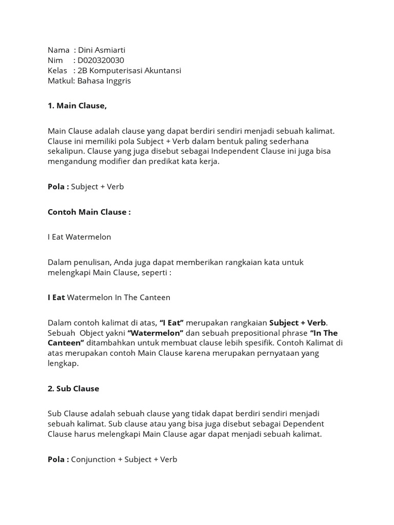 Dini Asmiarti - Bahasa Inggris - Main Clause and Sub Clause | PDF