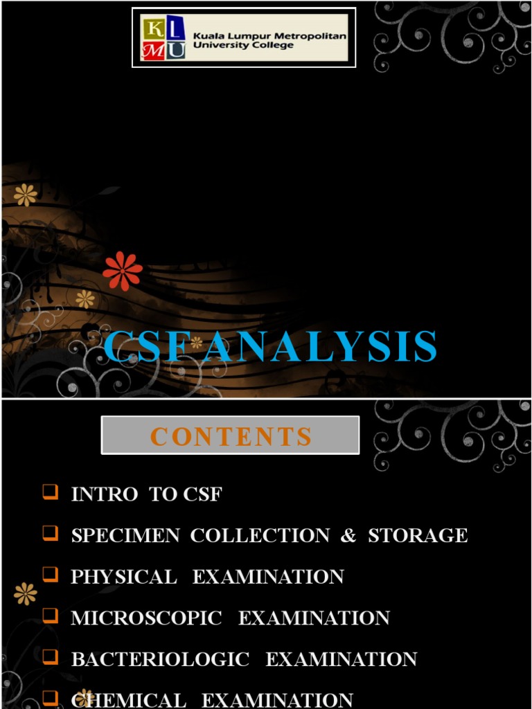 CSF Analysis Presentation 3 | PDF | Cerebrospinal Fluid | Medical ...