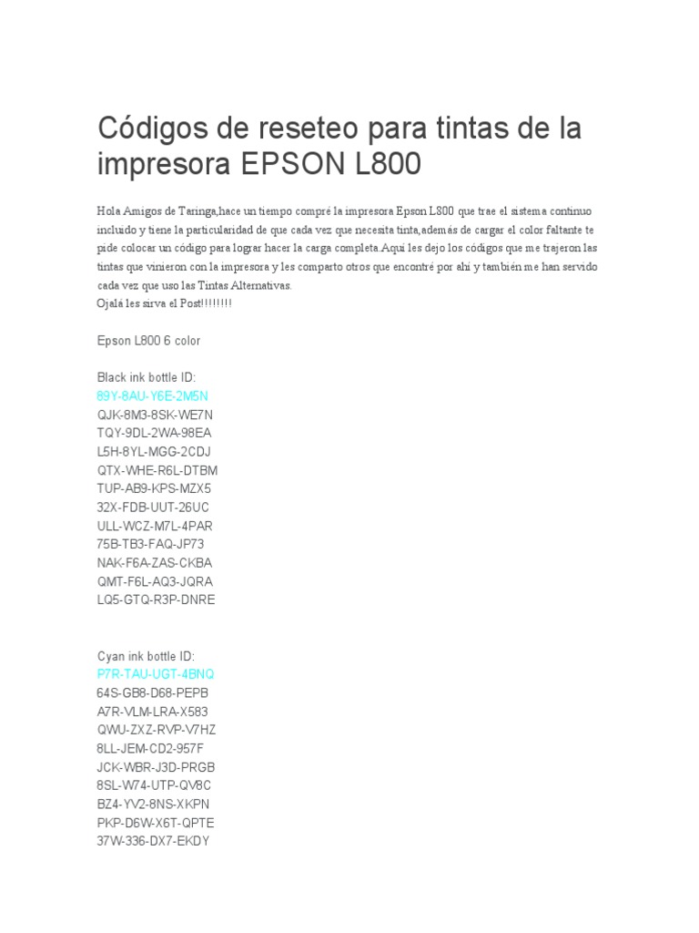 Códigos de Reseteo para Tintas de La Impresora EPSON L800 | PDF