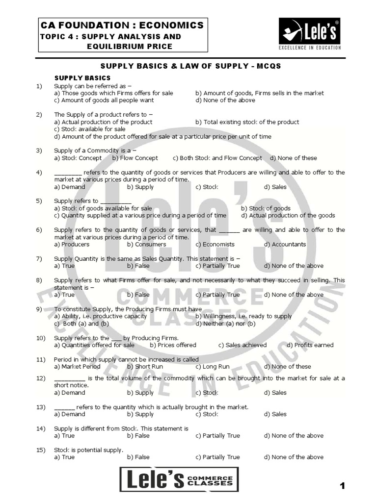 CAF - ECO - TOPIC 4 - SUPPLY ANALYSIS & EQUILIBRIUM PRICE MCQs | PDF ...