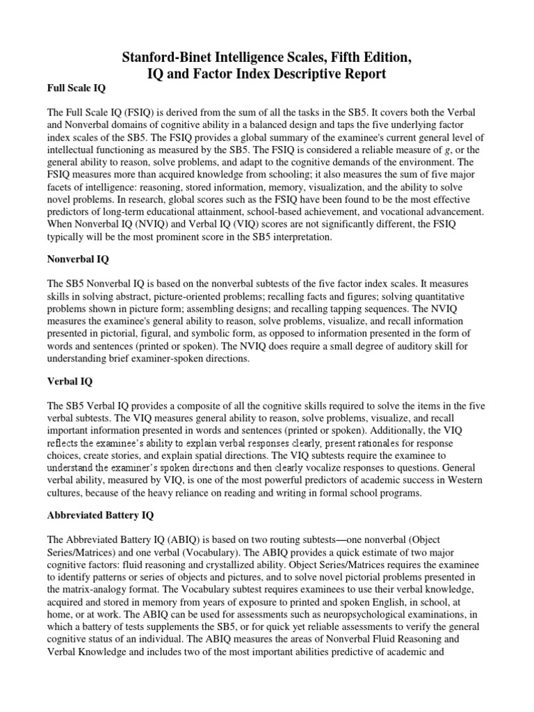Stanford-Binet Intelligence Scales, Fifth Edition, IQ and Factor Index ...