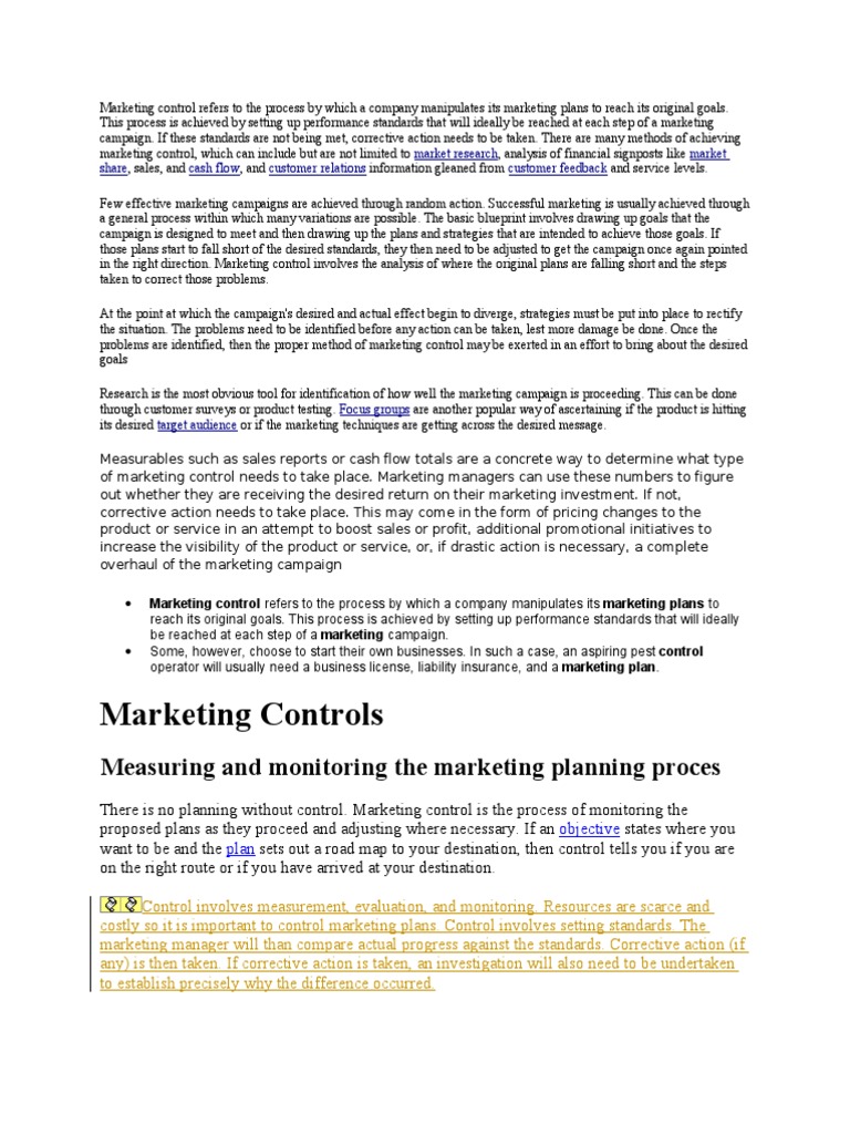Marketing Controls: Measuring and Monitoring The Marketing Planning ...