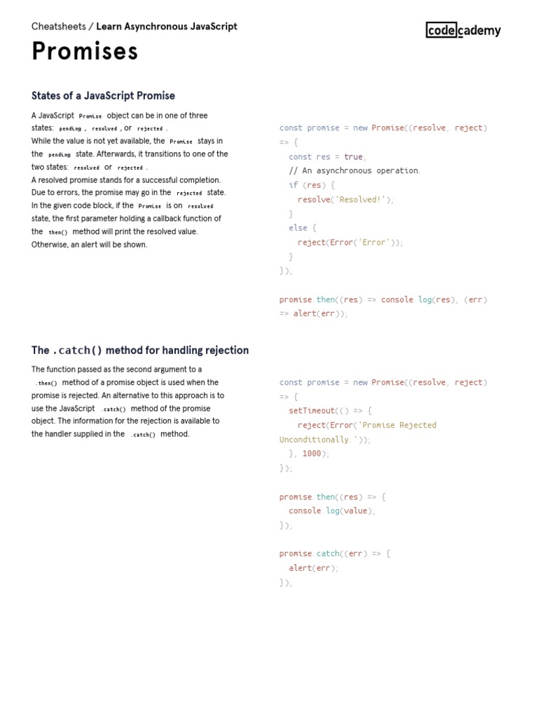 Learn Asynchronous JavaScript - Promises Cheatsheet - Codecademy | PDF ... Learn Asynchronous JavaScript - Promises Cheatsheet - Codecademy | PDF ...